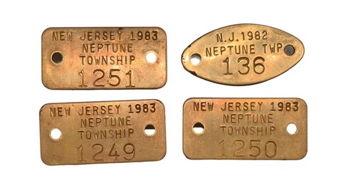 VTG 1983 Neptune TWP, N.J., Brass Dog Tag Tax License 1 - oval #136 & 3 ...