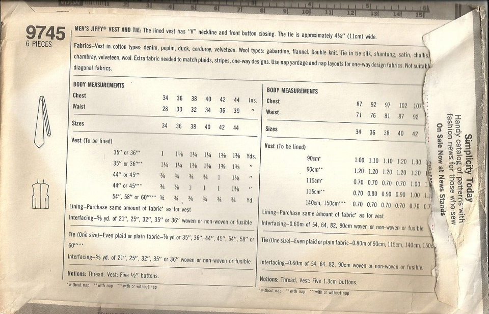 SIMPLICITY Jiffy 9745 MEN'S SIZE 42 VEST & TIE SEWING PATTERN VINTAGE ...