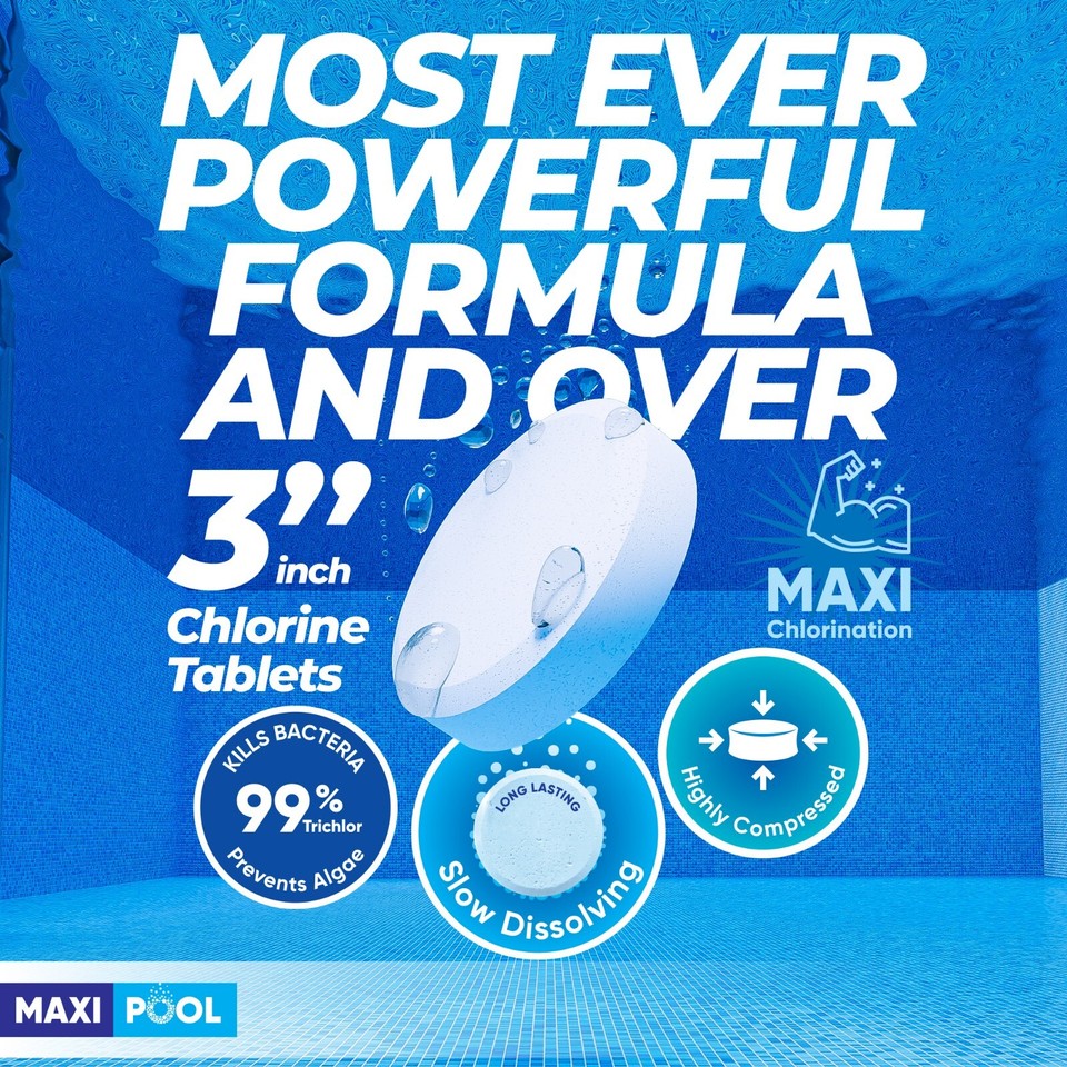 MAXI POOL 3 inch Advanced Stabilized Chlorine Tablets, Long Lasting 5 ...