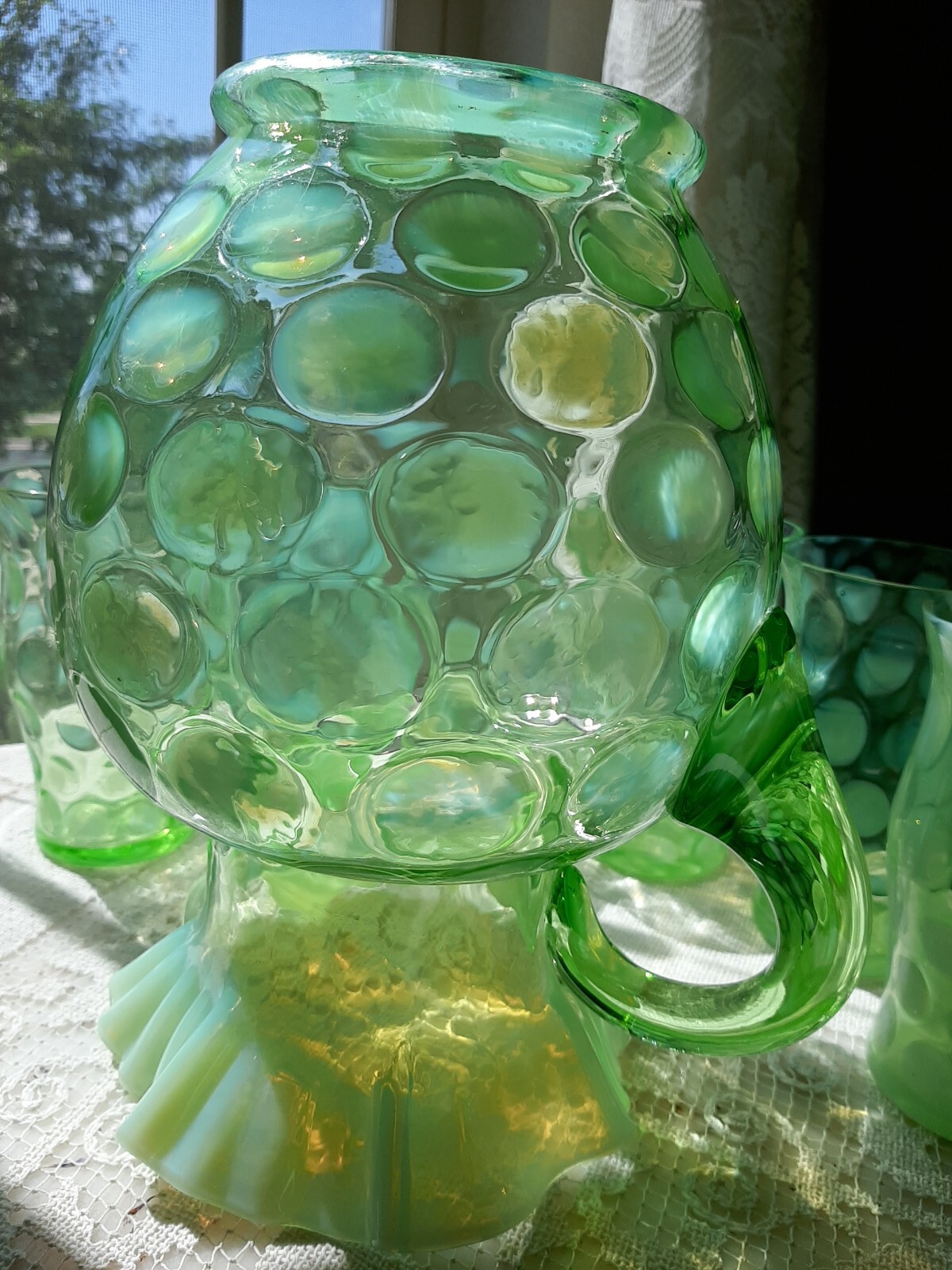 Antique Fenton Lime Coin Dot Opalescent Pitcher Set! STUNNING!! MINT ...