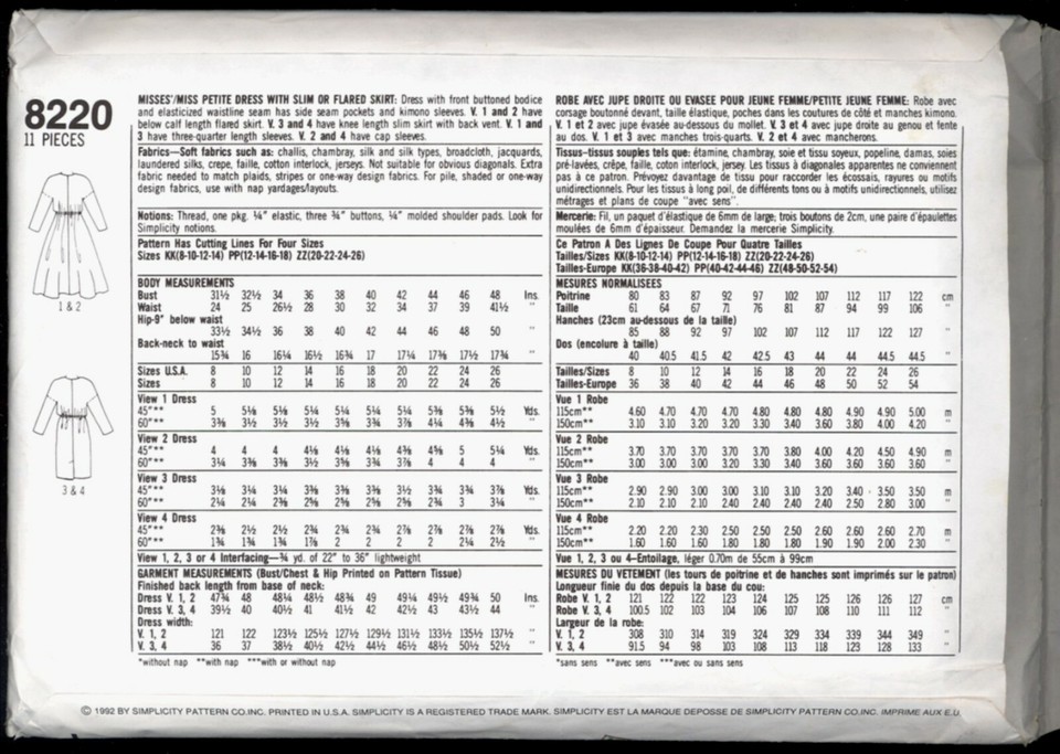 UC Size 12 - 18 B 34 - 40 Easy Button Front Dress Simplicity 8220 ...