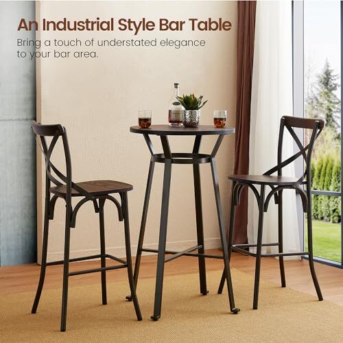 41.25" H Rustic Steel Bar Table Round Solid Elm Wood Top Dining Round ...