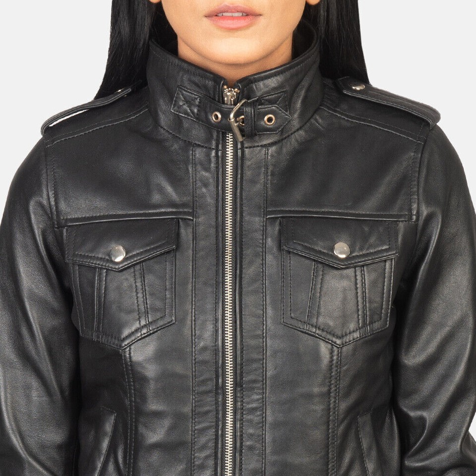 Women's Black Bomber Detachable Hooded Leather Jacket Moto Biker ...