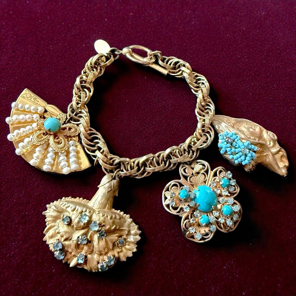 Signed Miriam Haskell Charm Bracelet Turquoise Vintage Gold Tone Blue ...