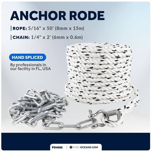 Anchor Rode Nylon 3-Strand 5/16"x50' Rope with 1/4"x2' Galvanized Steel ...