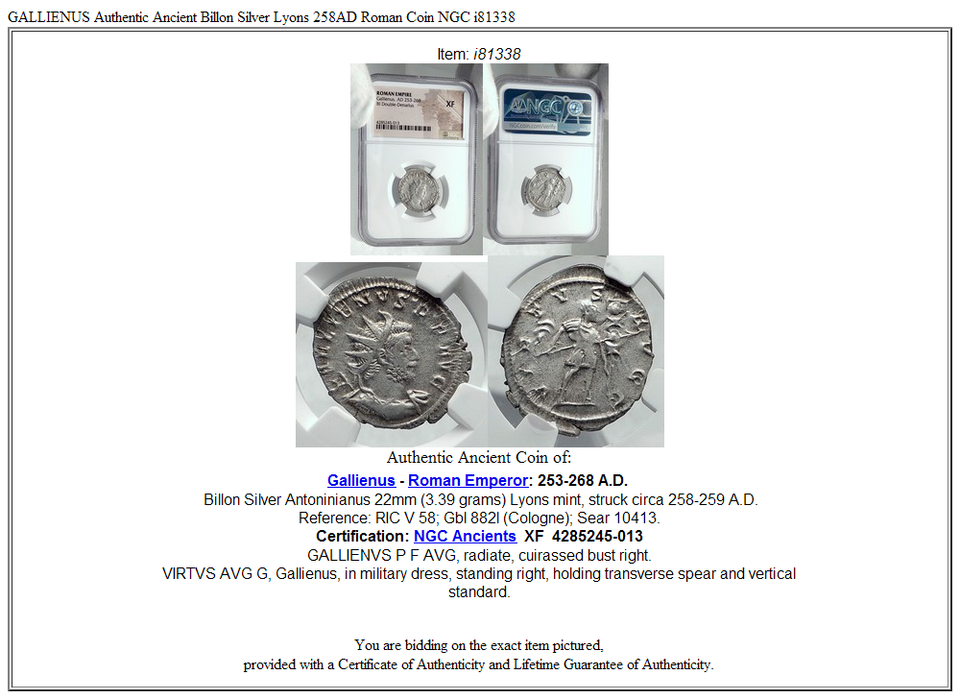 GALLIENUS Authentic Ancient Billon Silver Lyons 258AD Roman Coin NGC ...