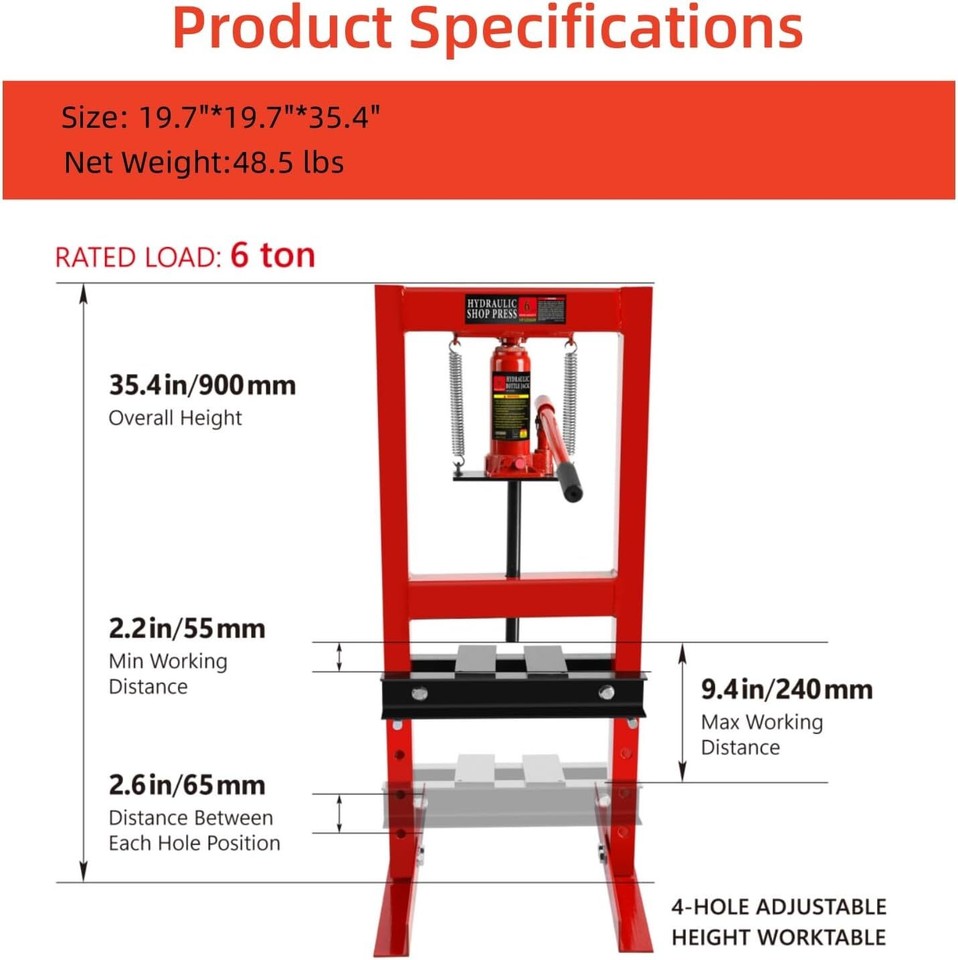 6/12T Hydraulic Shop Press with Press Plates H-Frame Garage Benchtop ...