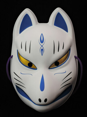 NEW Japanese White Fox God Mask PVC Blue Pattern For Kid 22.5x14.5cm F ...