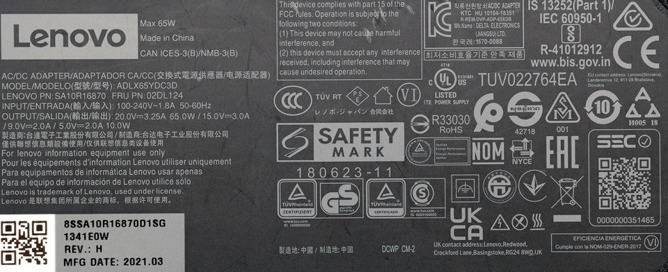 Genuine Lenovo 65W USB-C AC Adapter SA10R16870 02DL124 ADLX65YDC3D ...