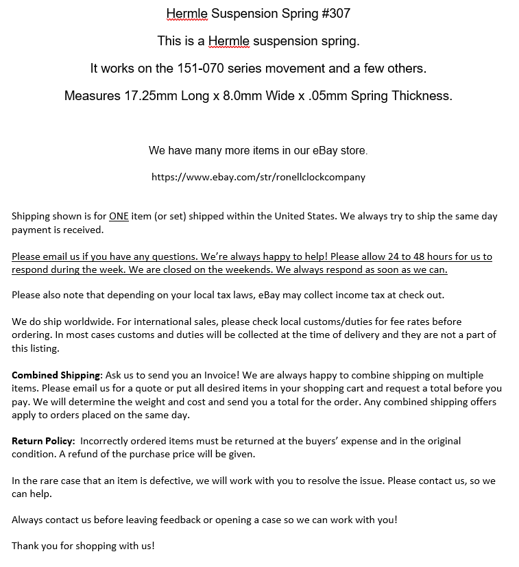 Clock Suspension Spring Hermle #307 17.25mm x 8.0mm x .05mm SP-114 | eBay