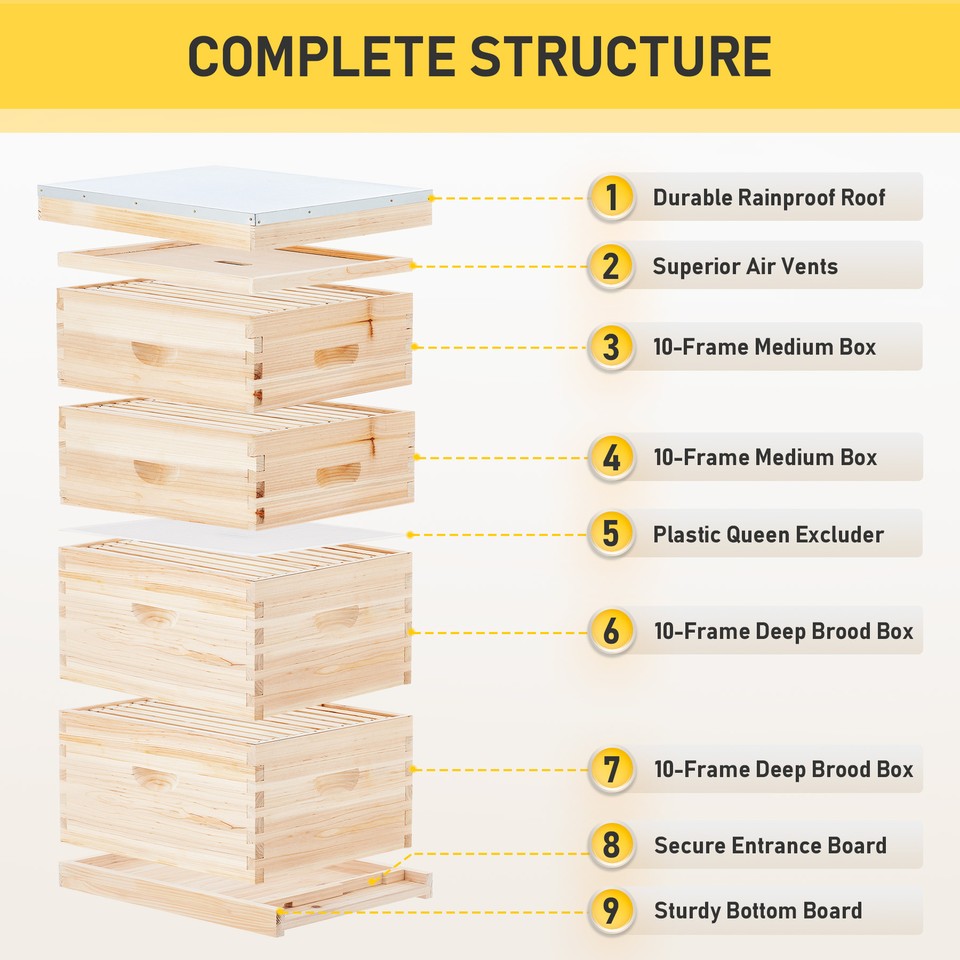 Langstroth Beehive Kit - 40 Frame Box with 20 Deep & 20 Medium Frames ...