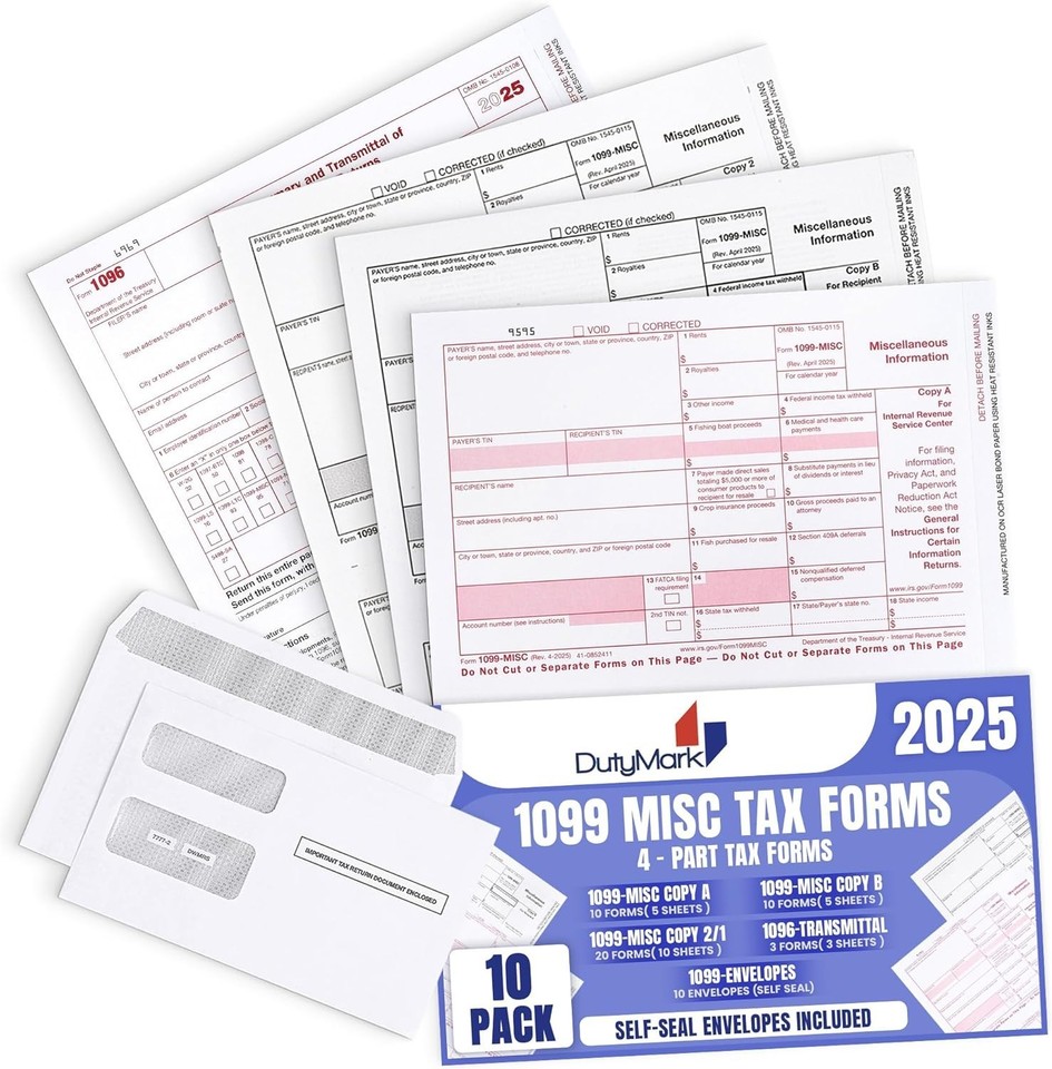 DuryMark 1099 Misc Tax Forms 2025 with Envelopes, 10 Vendor Kit for 4 ...