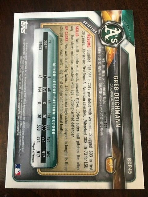 2018 BOWMAN CHROME 1ST CARD RC GREG DEICHMANN OAKLAND ATHLETICS - C5595 ...