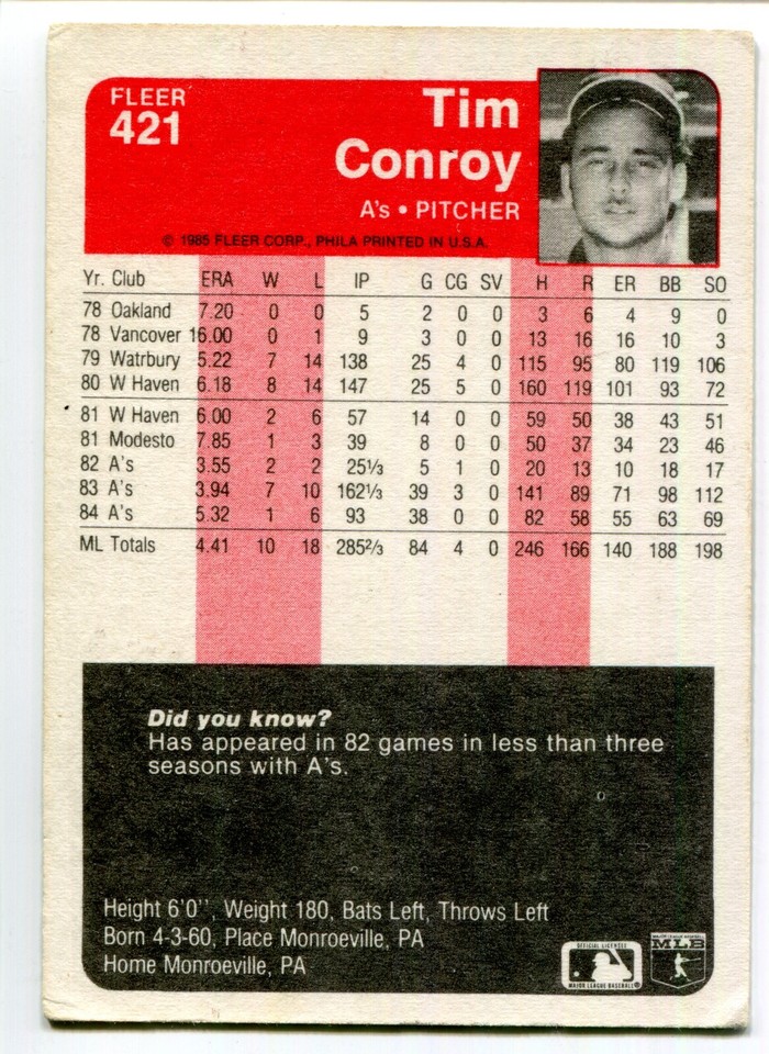 1985 Fleer Baseball Card TIM CONROY #421 Oakland Athletics | eBay