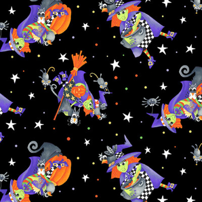 Halloween Fabric | Boo! Glow Witch & Star Toss Black | Henry Glass YARD ...