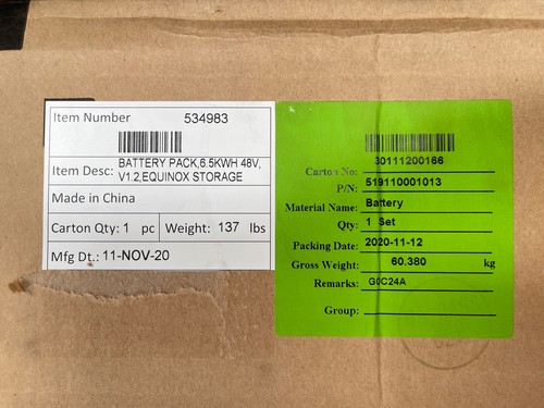 Sunpower Sunvault Lithium Ion Battery Solar Storage Cell SPWR-M0012 6 ...