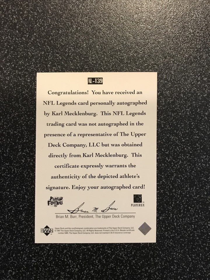 1997 Upper Deck Karl Mecklenburg NFL Legends Auto Autograph #AL-139 ...
