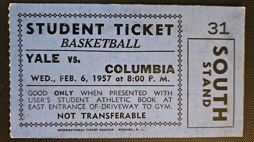 Columbia Lions Yale Bulldogs Basketball Ticket Stub 2/6 1957 John Lee ...