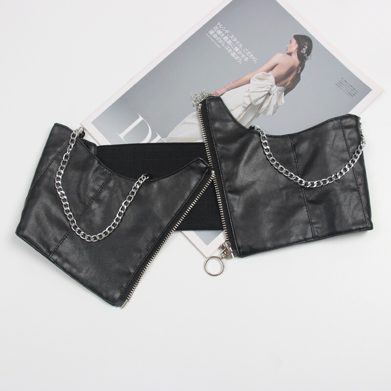 Women Black Faux Leather Belt Zip Wide Corset Metal Chain Punk Gothic ...