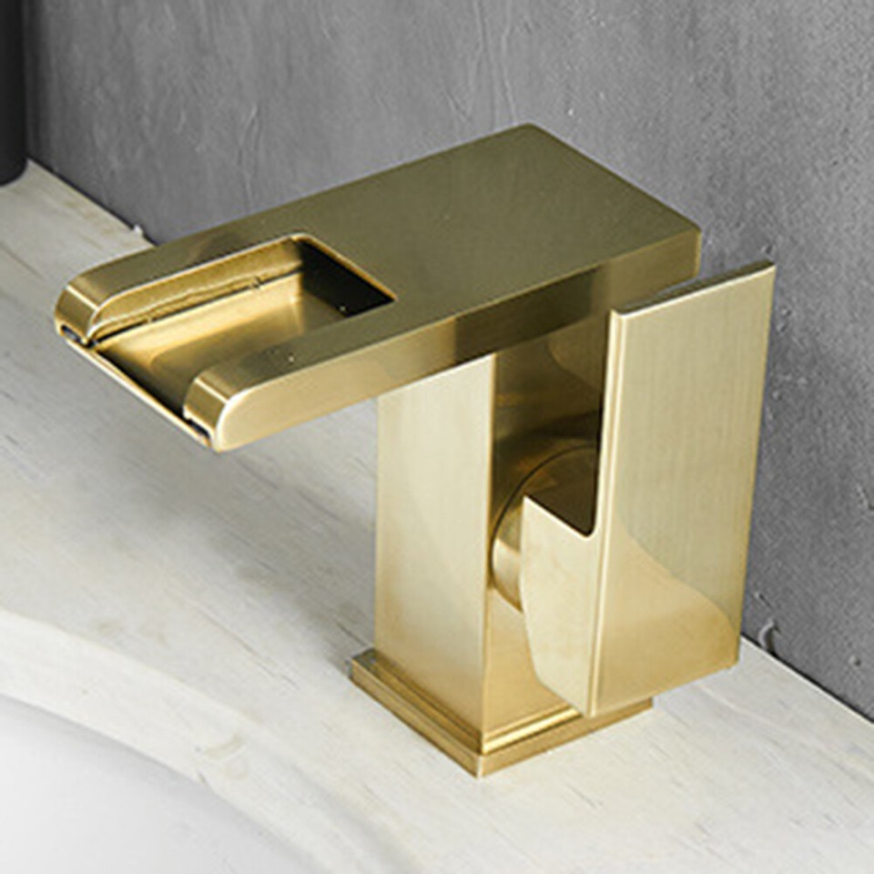 Brushed Gold LED Bathroom Basin Waterfall Spout Taps Mixer Deck Mounted ...