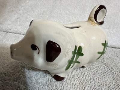 Small Vintage Ceramic Pig Piggy Bank Smasher Bank White Green # Brown ...
