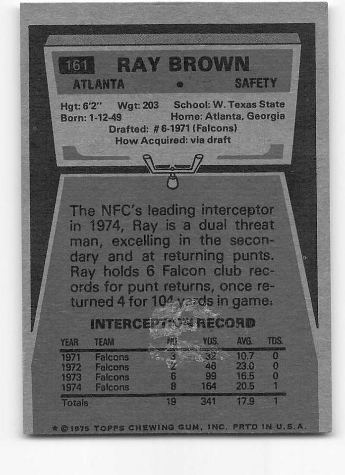 1975 Topps #161 Ray Brown EX Excellent Falcons | eBay