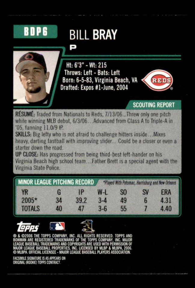 2006 Baseball Bowman Bill Bray Cincinnati Reds #BDP6 Green RC | eBay