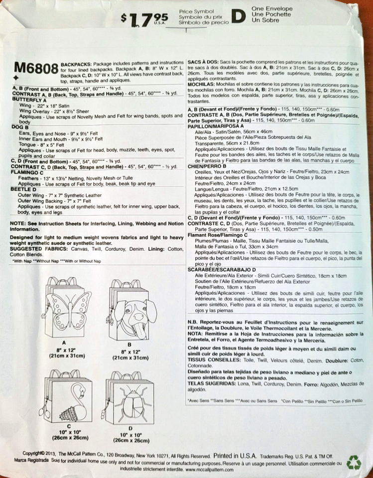 UNCUT-McCall's Pattern #M6808-Child's Backpack Butterfly/Dog/Flamingo ...