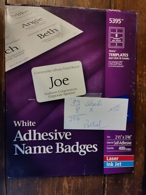 📀 AVERY 5395 Adhesive Name Badges (256 Badges ) Partial Box NEW Open ...