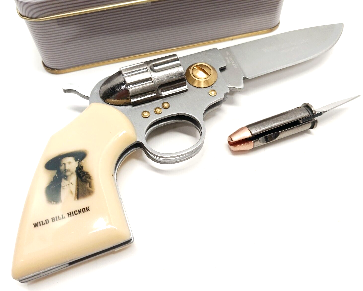 Wild Bill Hand Gun Pistol Revolver Manual Pocket Knife Mini Shell Blade ...