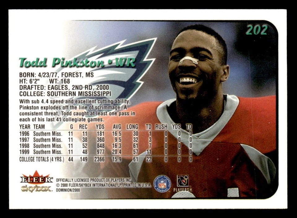 Todd Pinkston 2000 SkyBox Dominion Rookie Card #202 Philadelphia Eagles ...