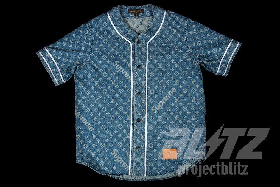 SUPREME x LOUIS VUITTON JACQUARD DENIM MONOGRAM BASEBALL JERSEY Size 4L ...
