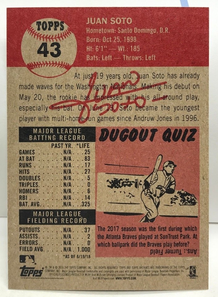 Juan Soto 2018 Topps Baseball Living Set RC Rookie #43 - NATIONALS - SP ...