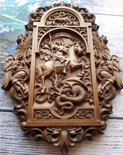 Icon Saint George and the Dragon 3D Art Orthodox Wood Carved Icon ...