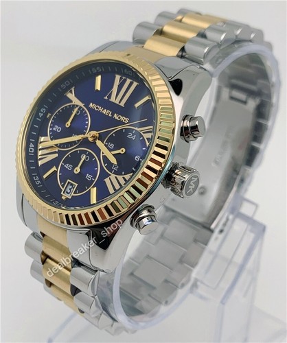 MICHAEL KORS MK7218 Lexington Silver & Gold Tone 38mm Blue Dial Ladies ...