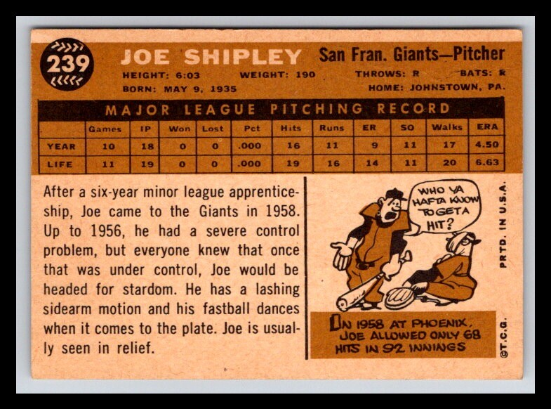 1960 Topps #239 Joe Shipley EX or Better | eBay