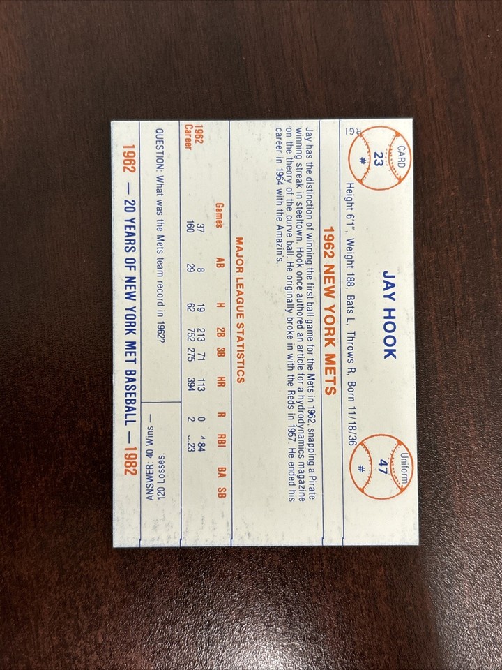 1982 Renata Galasso 20 Years of New York Mets Baseball Jay Hook #23 ...