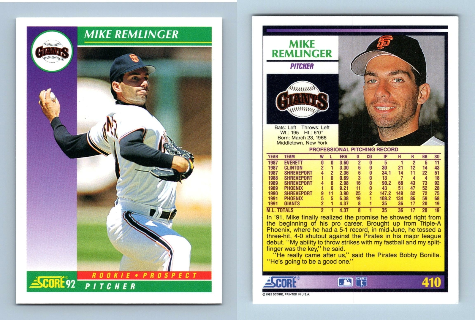 Mike Remlinger - Giants - #410 Score 1992 Baseball Trading Card | eBay
