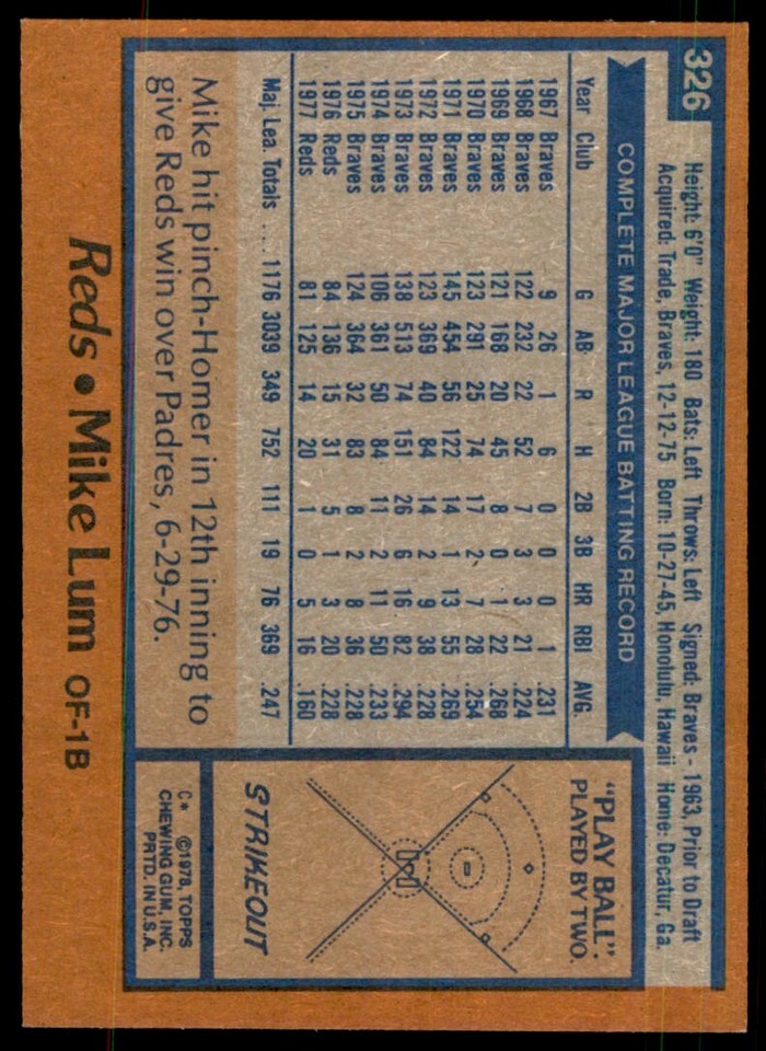 1978 TOPPS MIKE LUM CINCINNATI REDS #326 | eBay