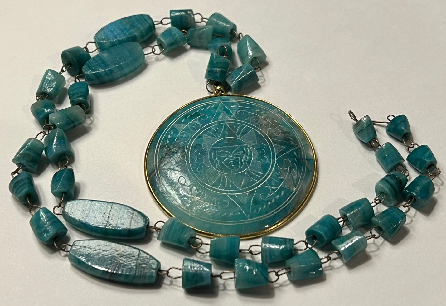 Vintage Carved AZTEC Sun Turquoise AGATE Stone Beaded Pendant Necklace ...