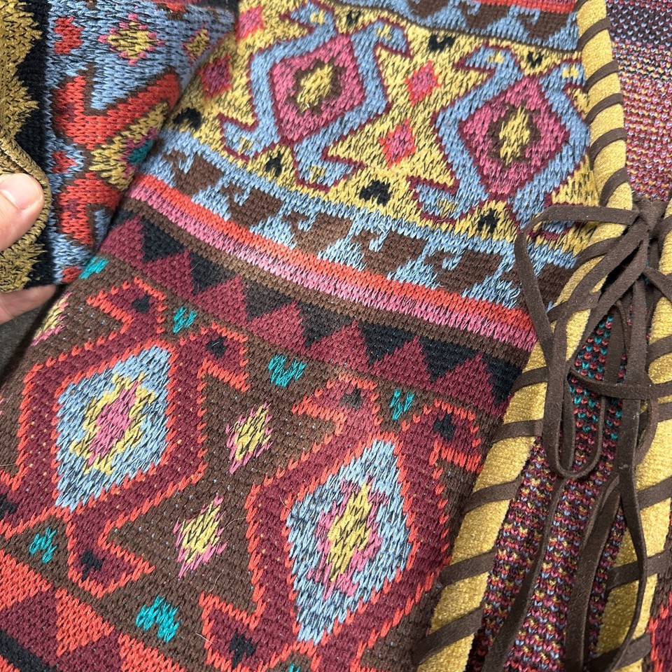 Double D Ranch Knit Southwest Aztec Duster Coat Leather Trim Tie Front ...