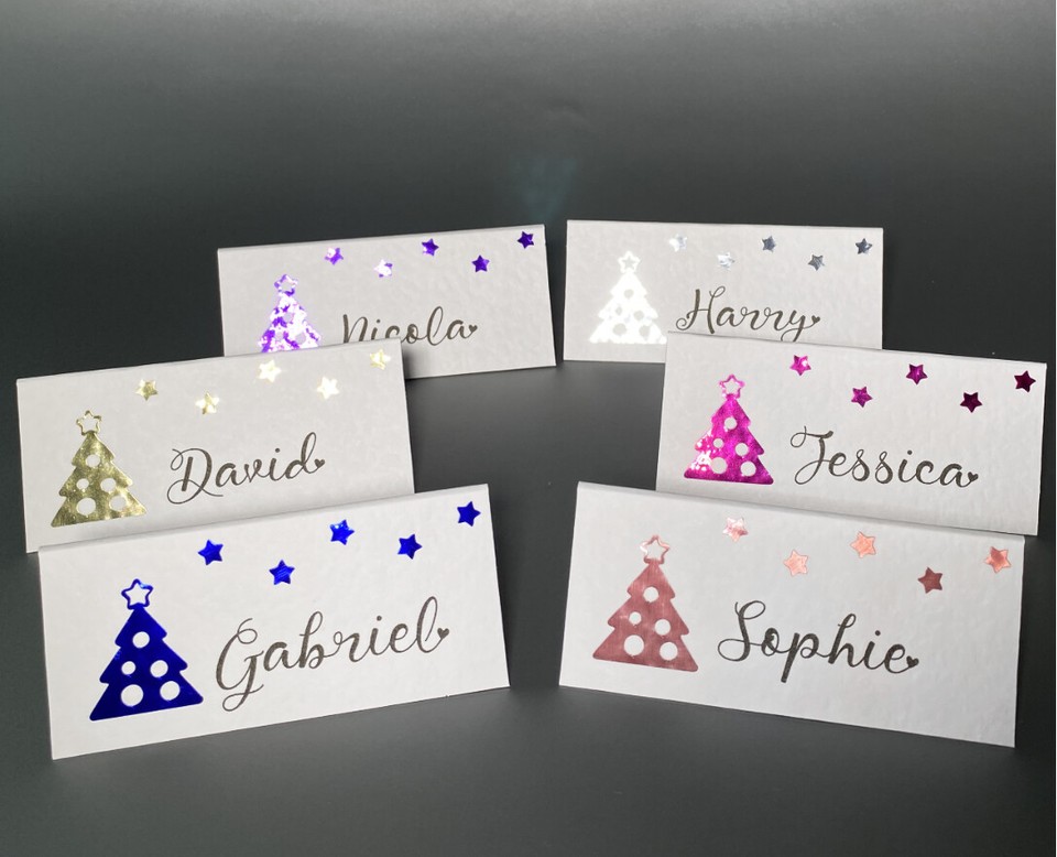 6 x personalised NAME place CARDS, Christmas trees, stars, table ...