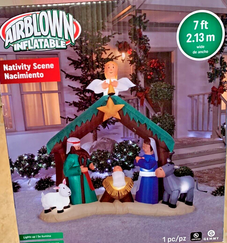 RARE NEW 7 FT WIDE FULL NATIVITY SCENE JESUS MARY JOSEPH ANGEL GEMMY ...