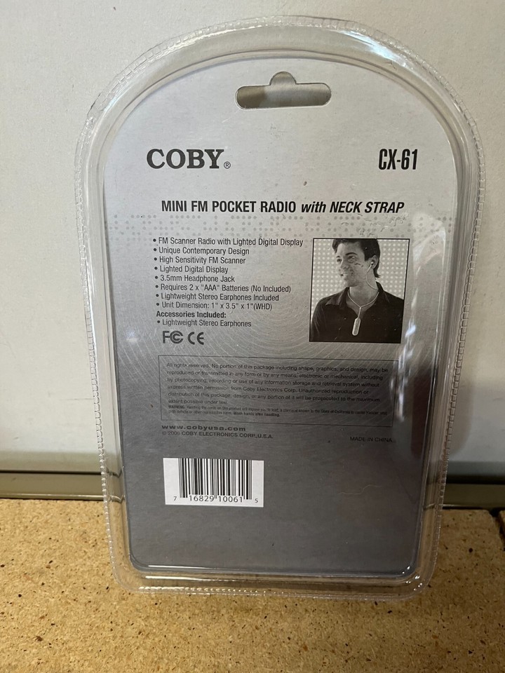 Coby CX61 Mini FM Pocket Radio w/ Neck Strap Built In Clock New Sealed ...