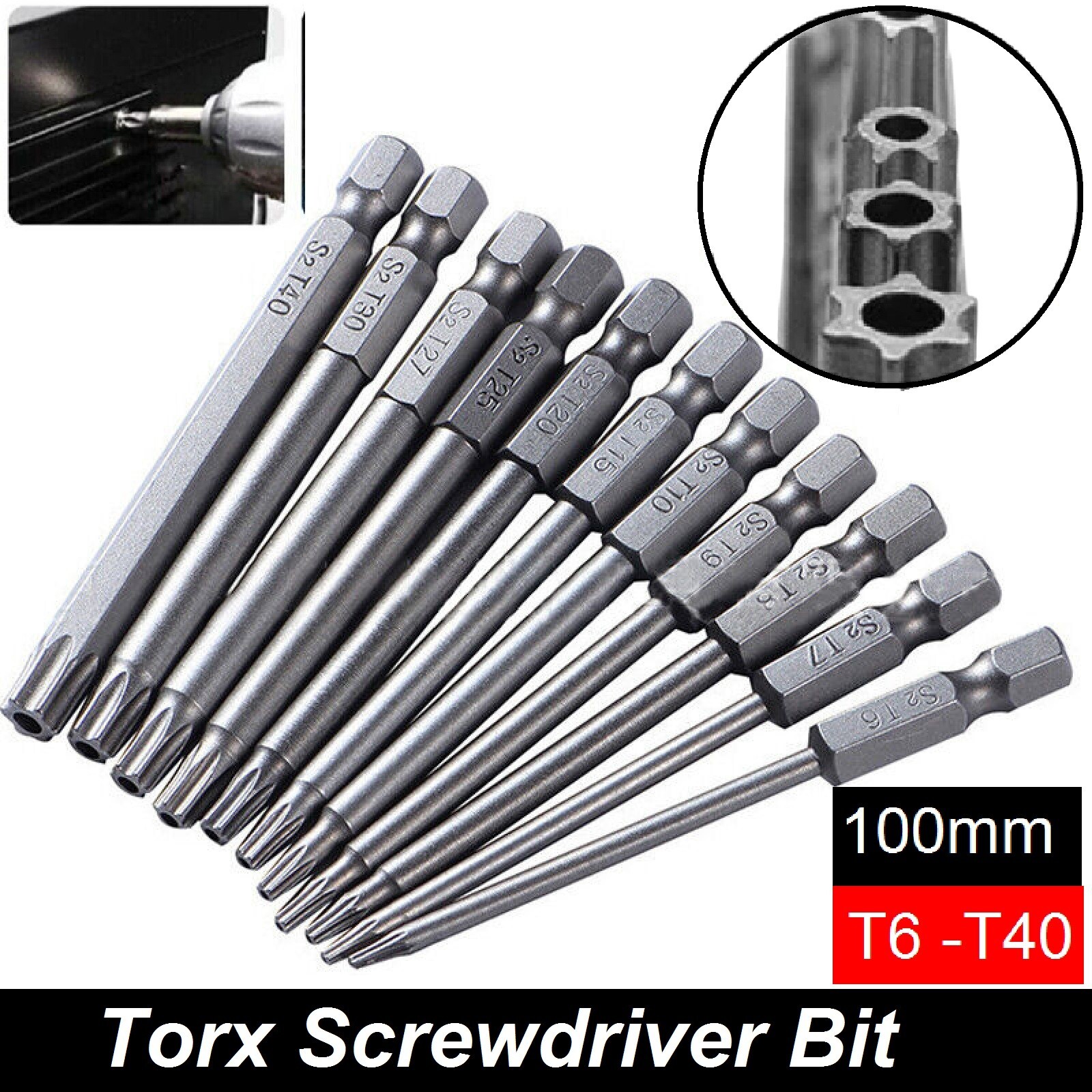 11pc Torx Screwdriver Bit Set 100mm Long T6-T40 Star Head Temper Proof ...