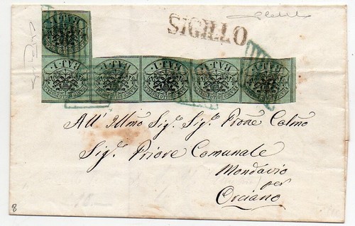 1856 ITALY ROMAN STATES COVER SA#2 1b STRIP OF 6 STAMPS $35000.00 ...