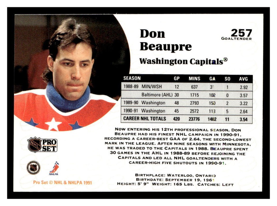 1991 Pro Set #257 Don Beaupre - Washington Capitals | eBay