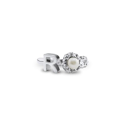 Unisex's Handmade Tiny Classic Pearl-R Ring 925 Silver with White Gold ...