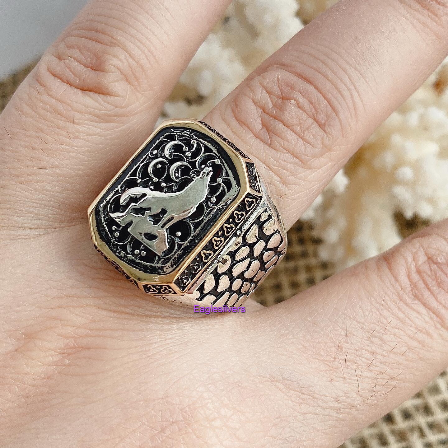 Handmade 925 Sterling Silver Wolf & Moon Men's Woman's Ring | eBay