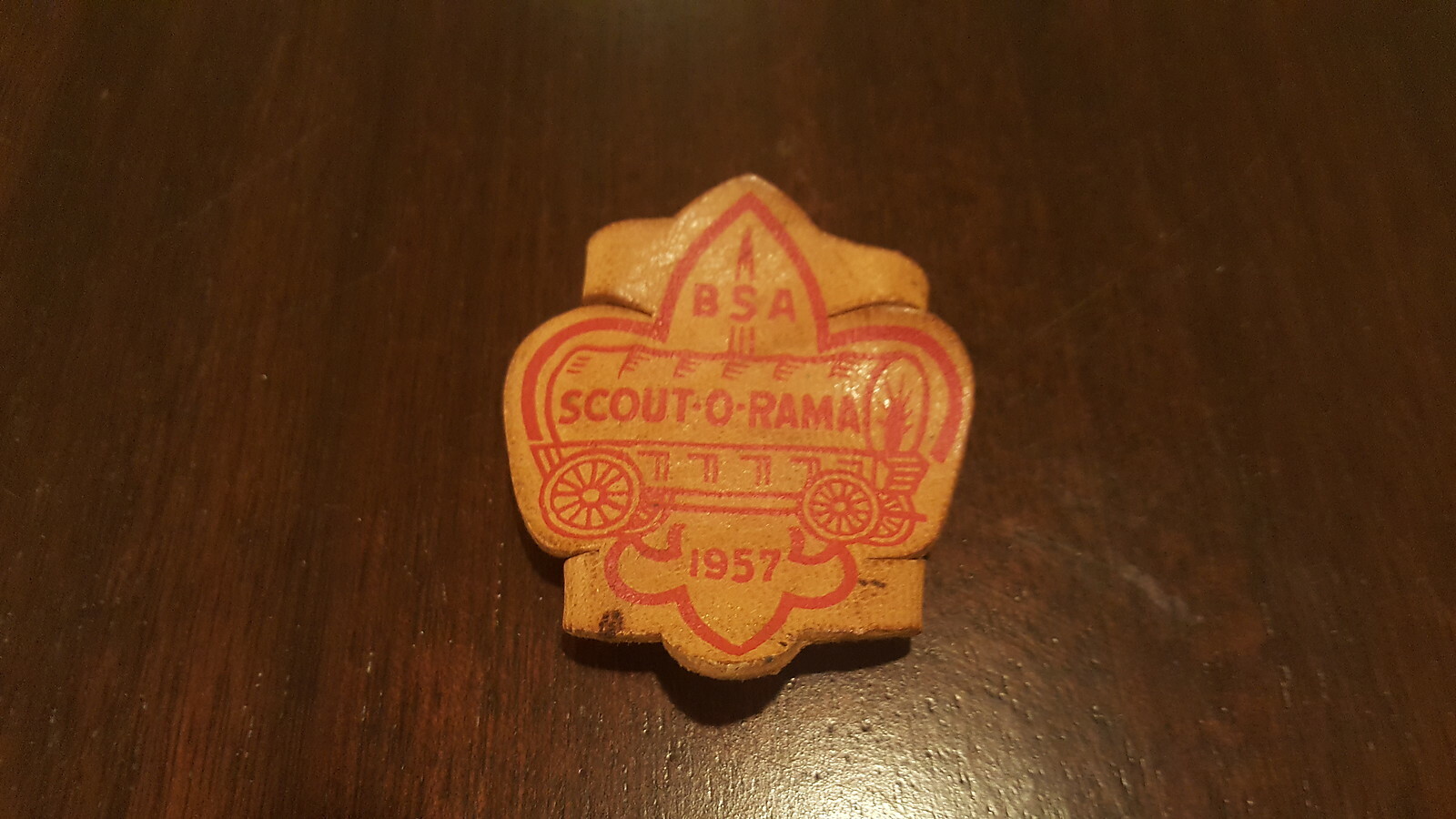 BSA, 1957 Scout-O-Rama Leather Neckerchief Slide, Covered Wagon Council ...